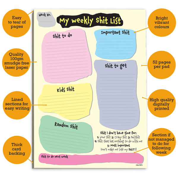#1573 A4 Weekly Shit List – Close to the Bone Greeting Cards and Gifts
